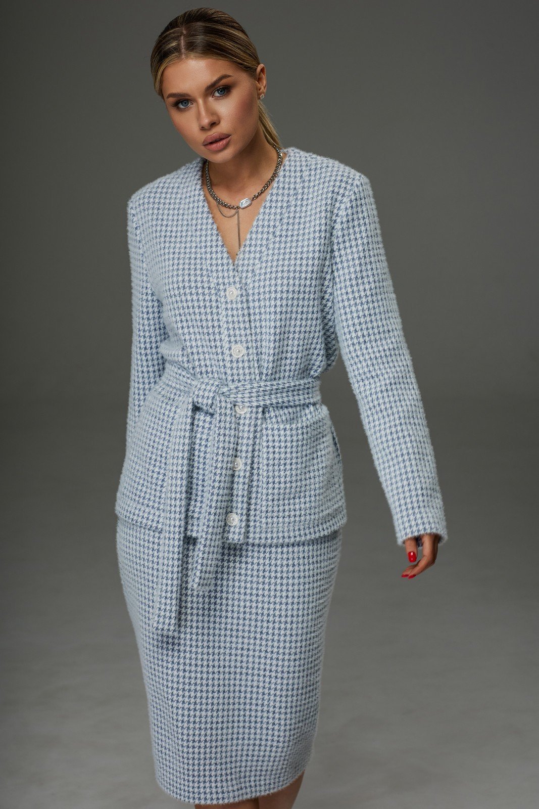 Костюм с юбкой 914 серо-голубой Галеан Стиль купить - 7% скидка | в наличии